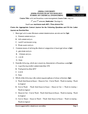 Solid AND Hazardous Waste Management Final EXAM 2023 - JIMMA UNIVERSITY ...