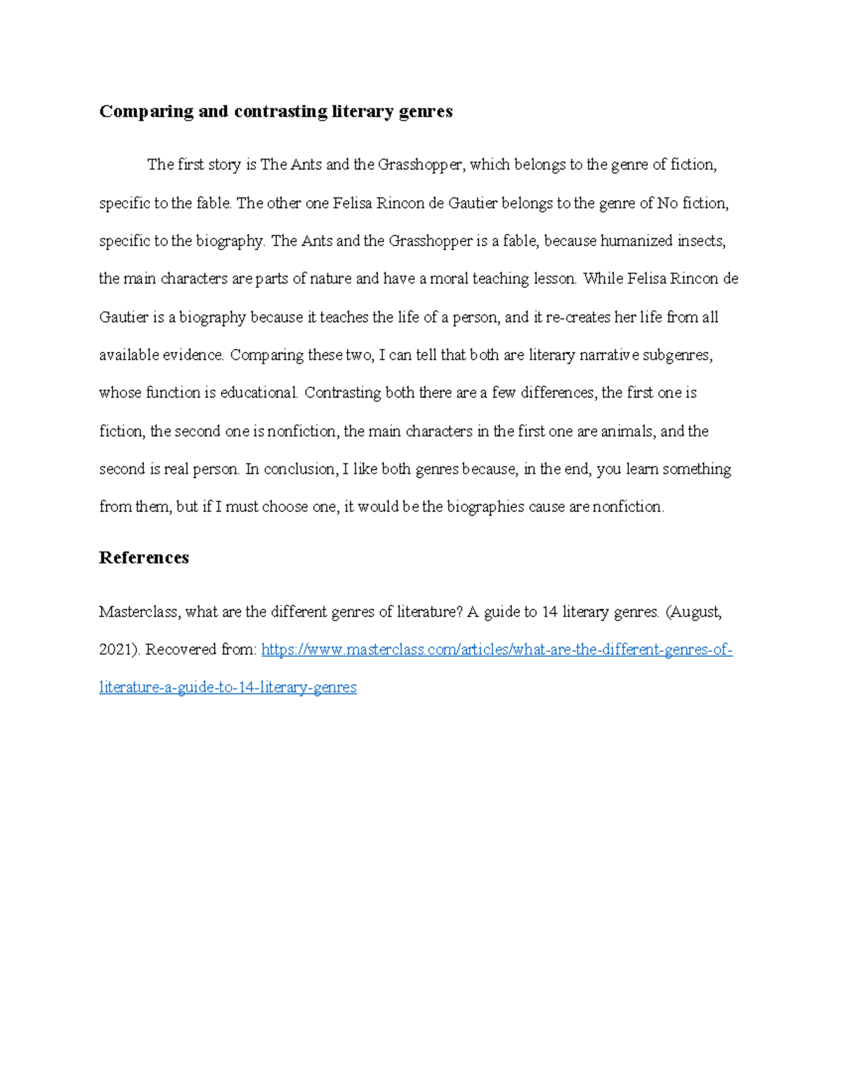 Comparing and contrasting literary genres - The other one Felisa Rincon ...