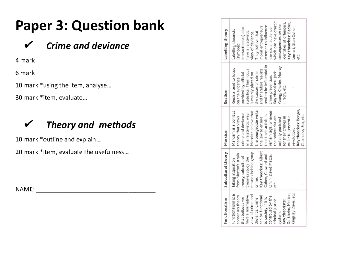 Crime and deviance question bank updated - Paper 3: Question bank Crime ...