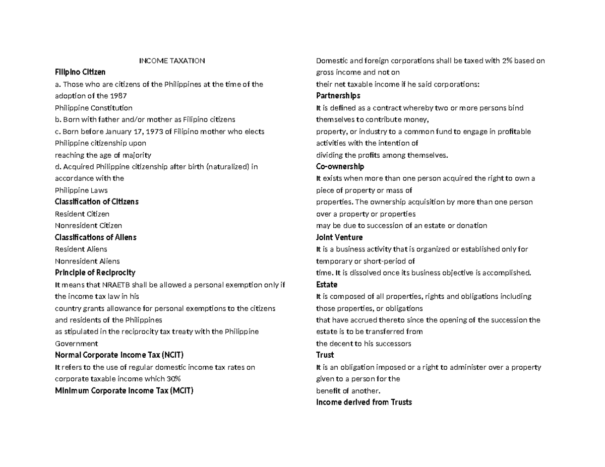 Income Taxation Final - notes - INCOME TAXATION Filipino Citizen a ...