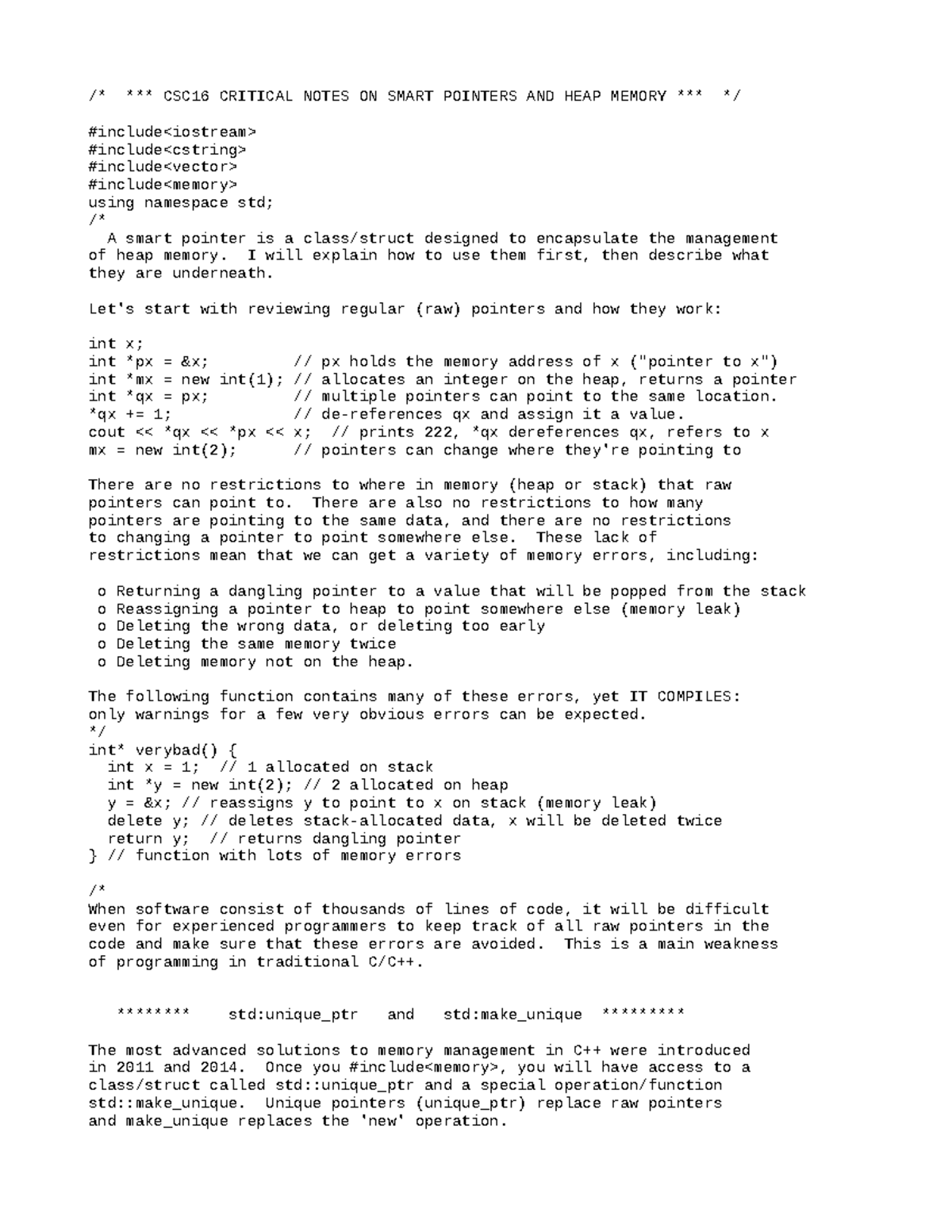 CSC16 Critical Notes on Smart Pointers and Heap Memory - Studocu