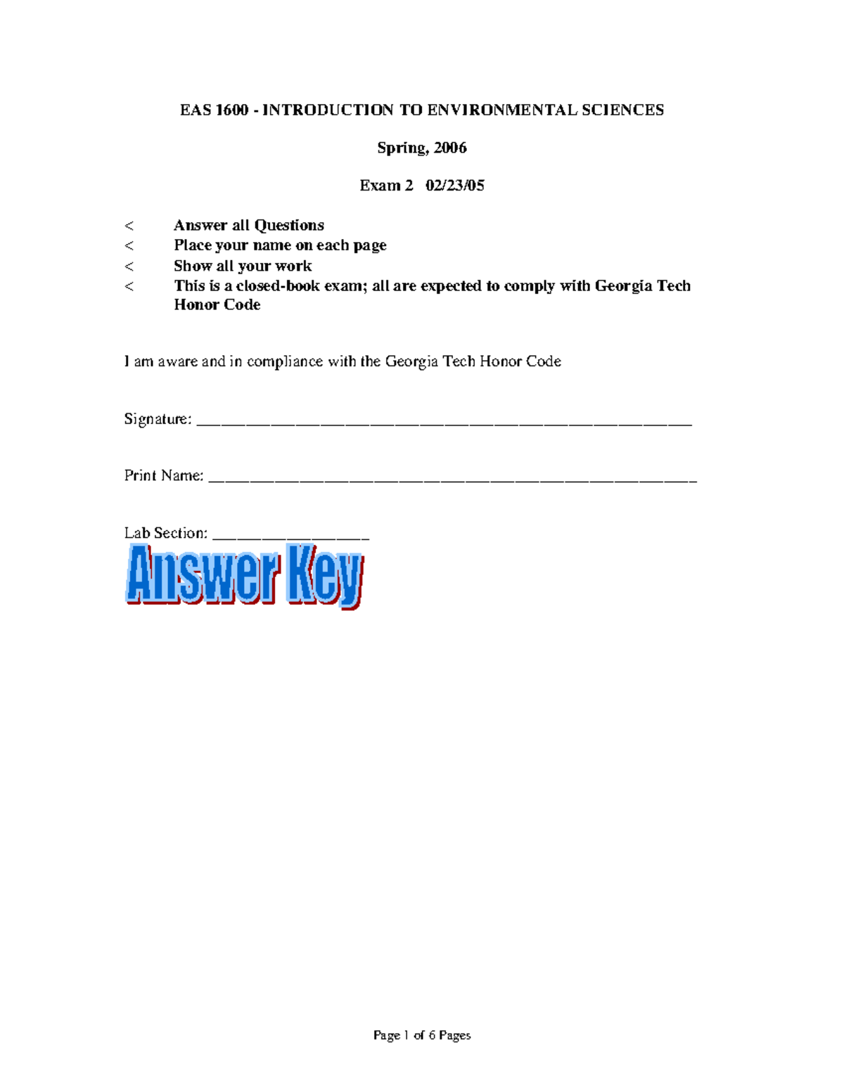 Key Exam2 Spring 06 - Exam Solutions - EAS 1600 - INTRODUCTION TO ...