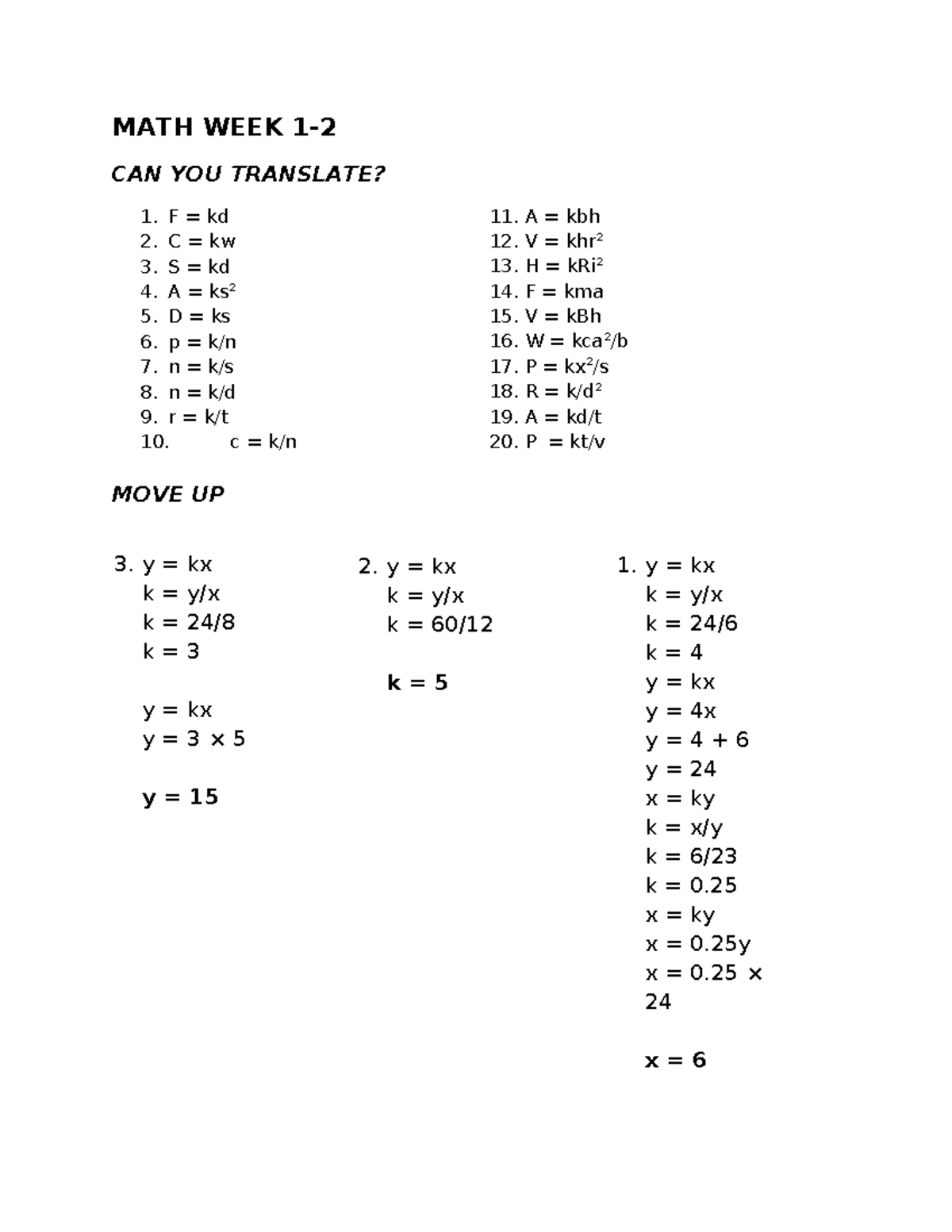 Math Week 1 Cheat Sheet - MATH WEEK 1- CAN YOU TRANSLATE? 1. F = kd 2 ...