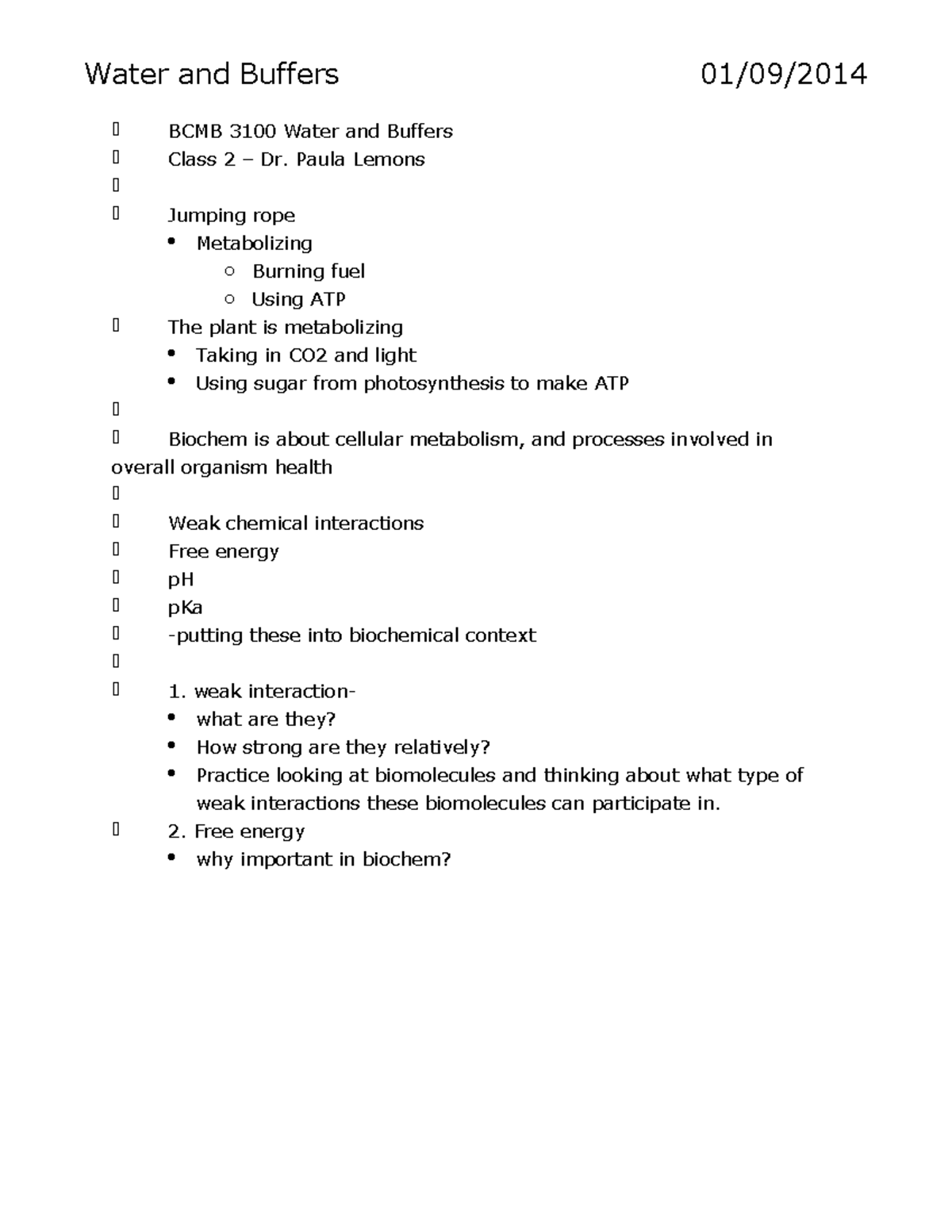 Biochem notes on Water and Buffers - Water and Buffers 01/09/2014 BCMB ...