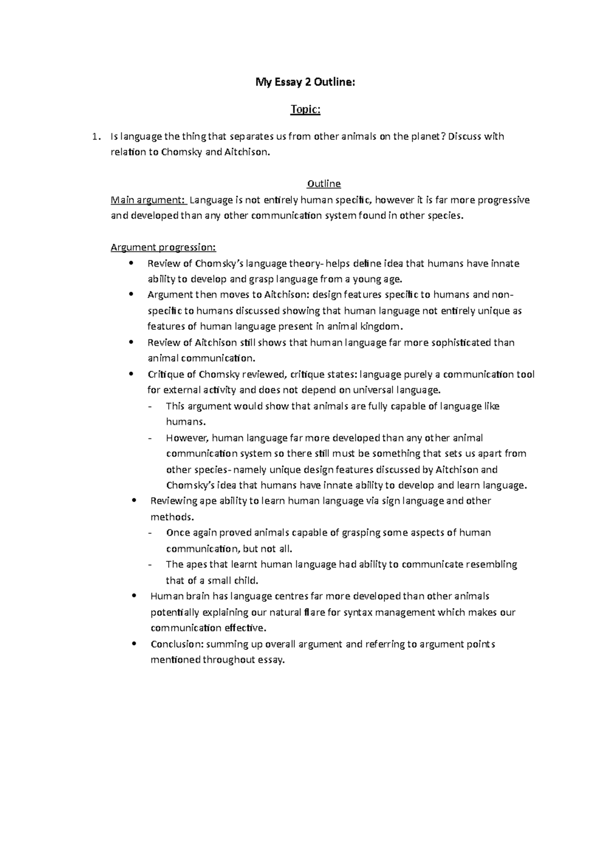 Aitchison vs Chomsky Essay 2 Outline- Draft - My Essay 2 Outline: Topic ...