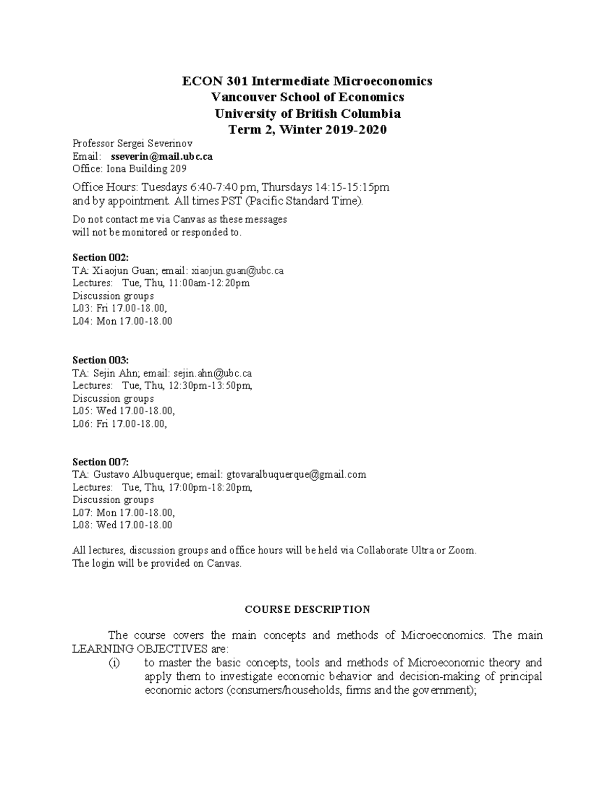 Syllabus 301 2021 - ECON 301 Intermediate Microeconomics Vancouver School of Economics ...