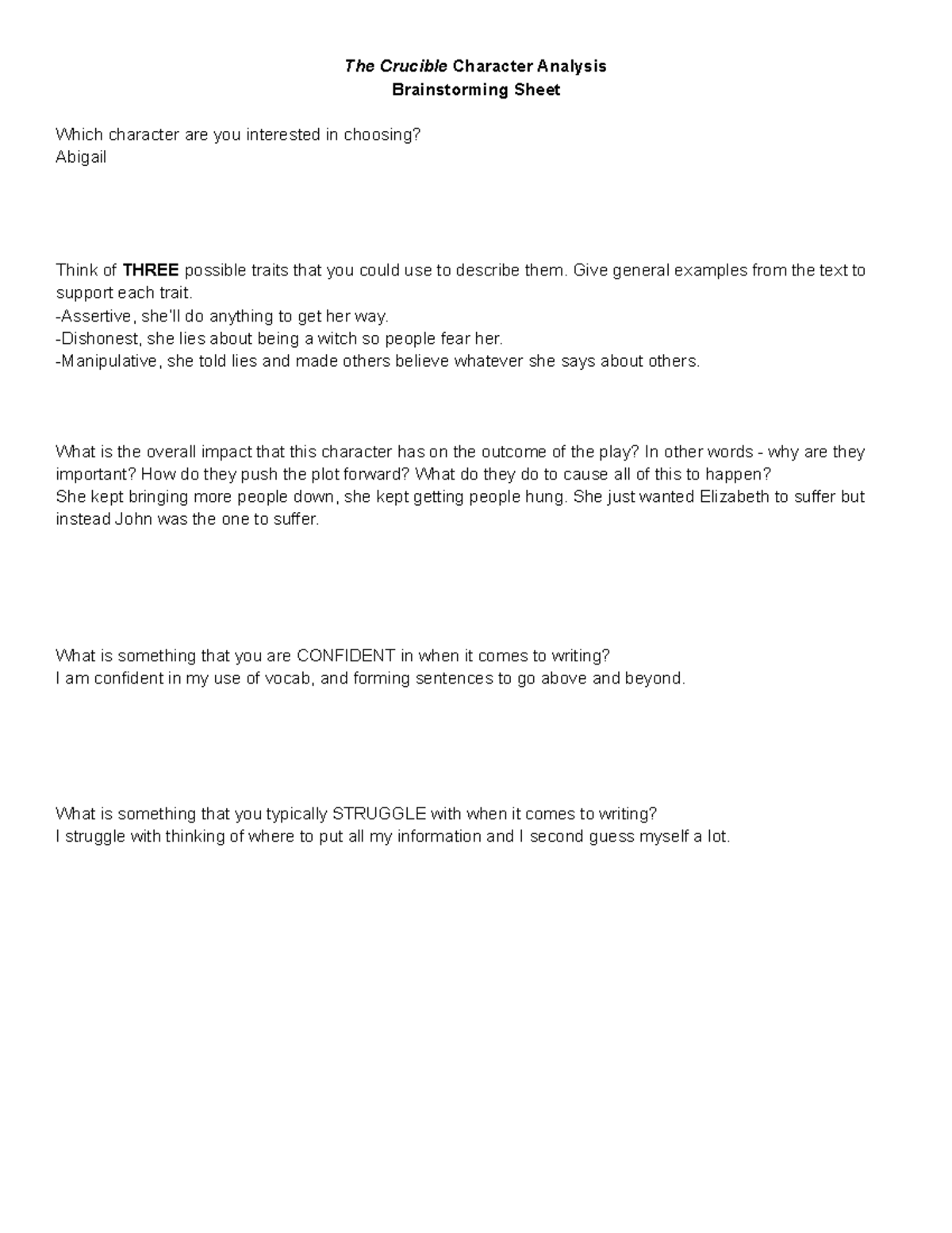 The Crucible Essay Brainstorm - The Crucible Character Analysis ...