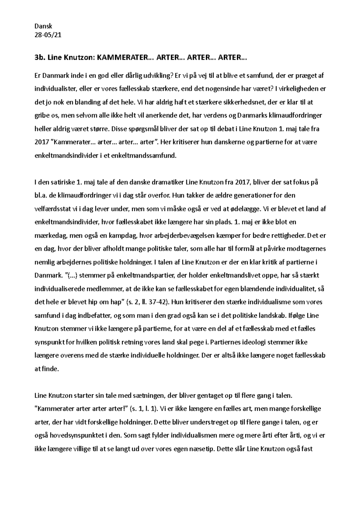 3b. Line Knutzon- Kammerater… Arter… Arter… Arter… - Dansk 28-05/ 3b ...