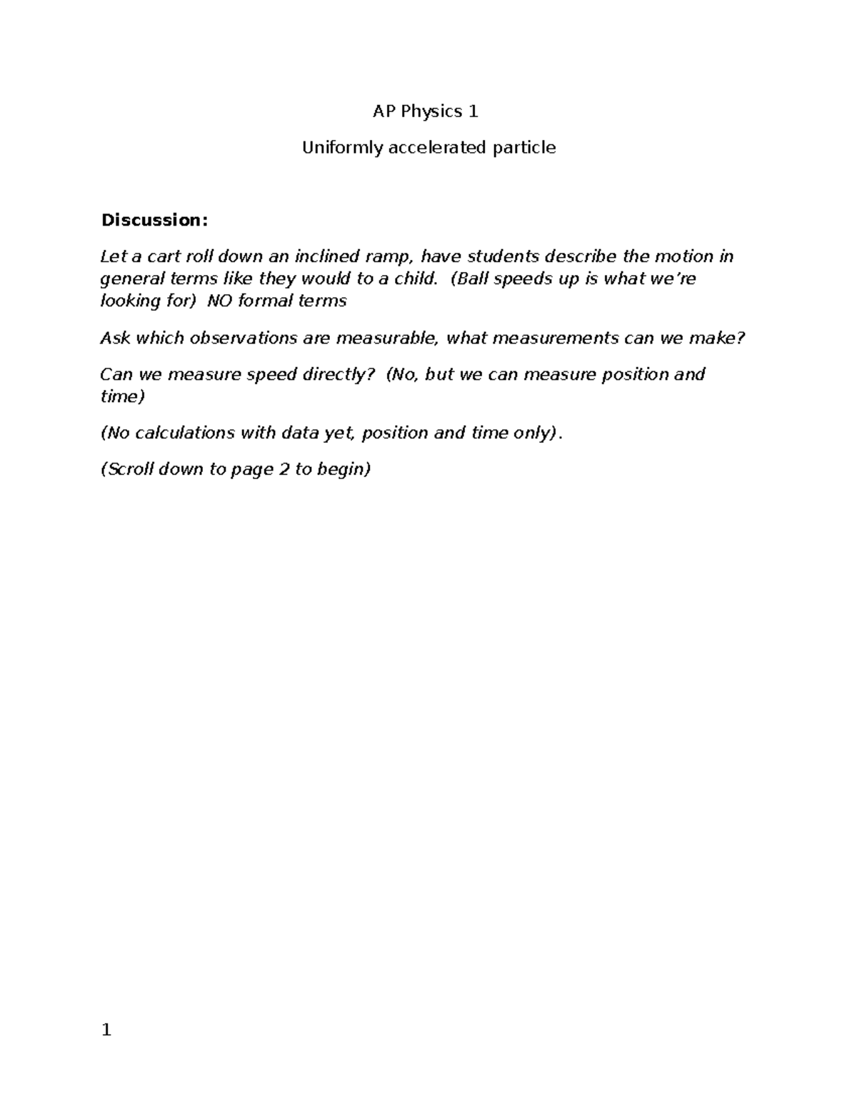 Uniform Accelerated Motion Pogil-1 - AP Physics 1 Uniformly accelerated particle Discussion: Let ...