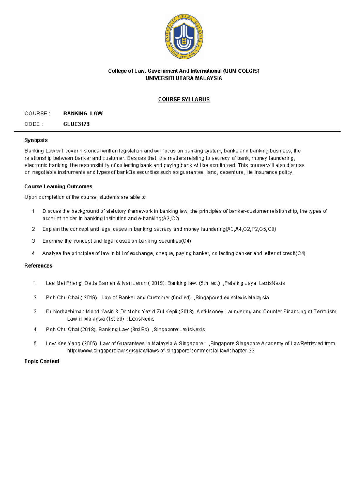 GLUE3173 Banking Law Syllabus Student Preview - College of Law ...