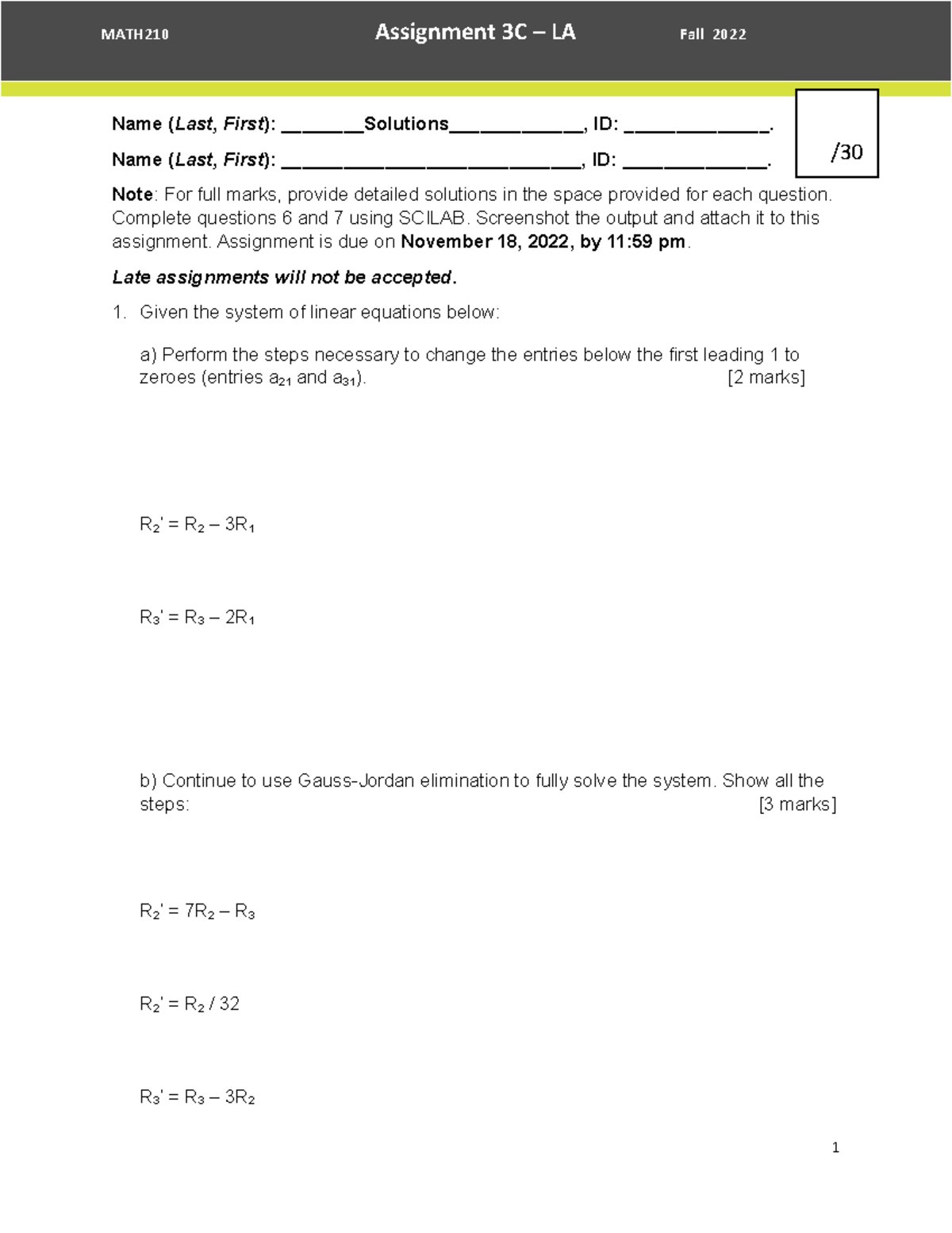 Math 210 - Assignment 3C- Linear Algebra - Solutions - Name (Last ...