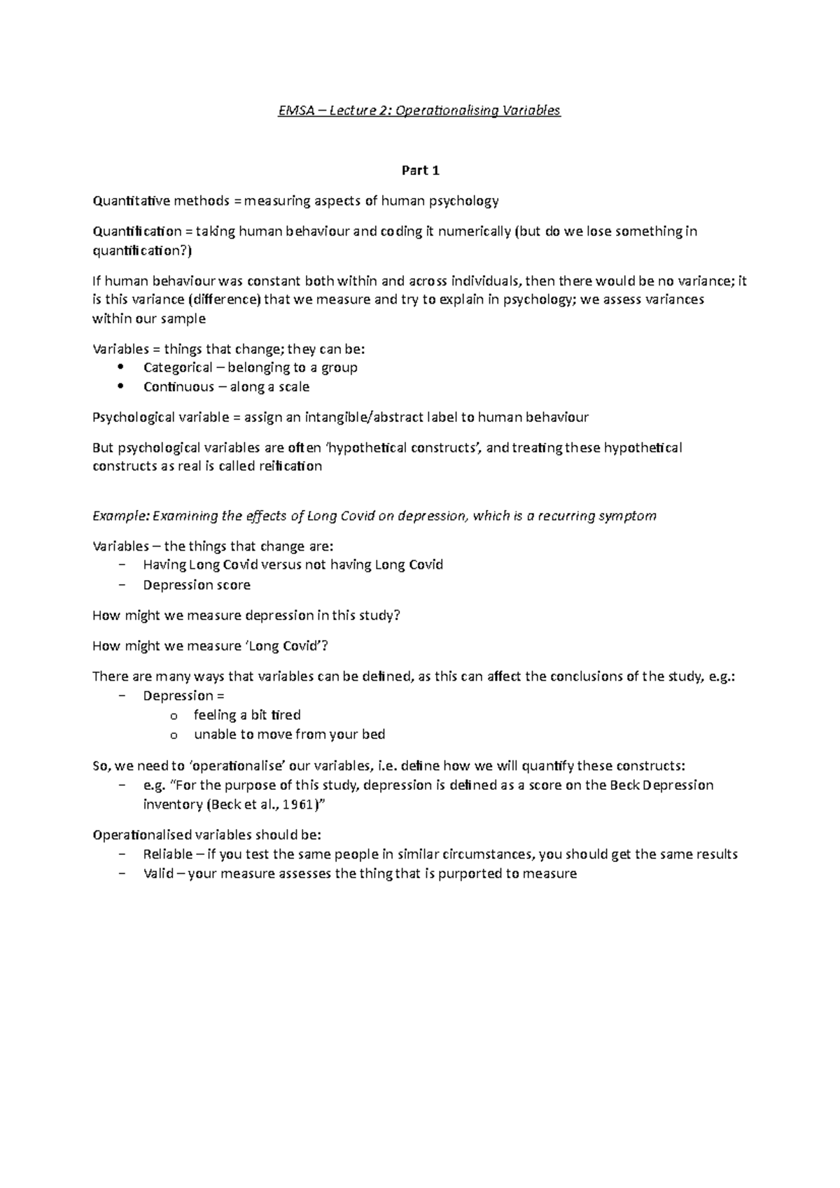Operationalising Variables - : - Depression = o feeling a bit tired o ...