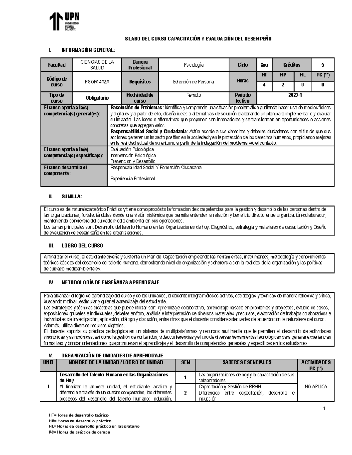 Silabo - 1 HT=Horas de desarrollo teórico HP= Horas de desarrollo práctico HL= Horas de ...