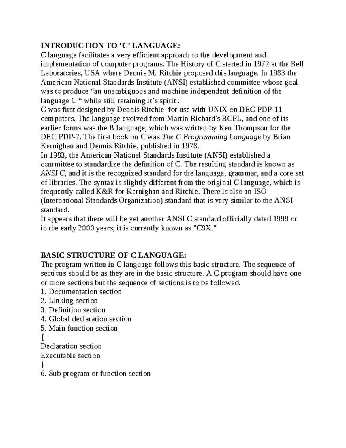 Introduction to C lang - N/A - INTRODUCTION TO ‘C’ LANGUAGE: C language ...