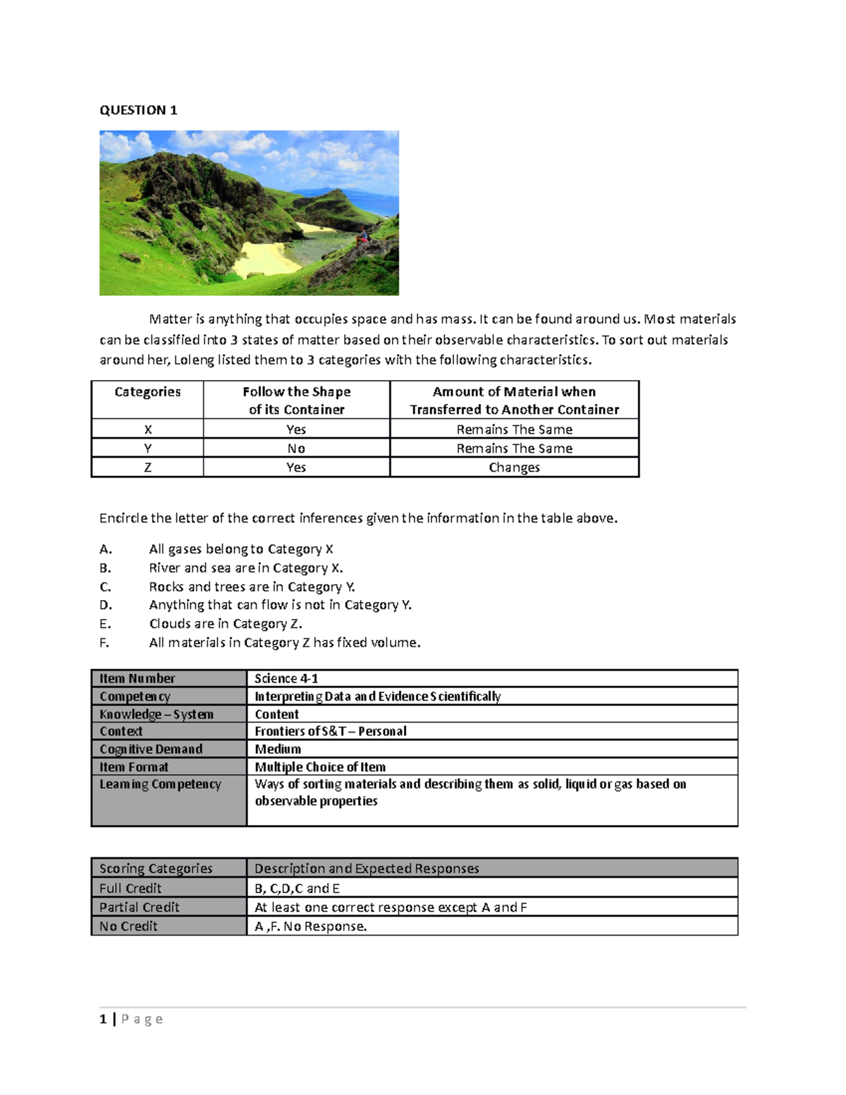 PISAlike Questions Grade 3 Science Emmanuel Clarion - QUESTION 1 Matter ...