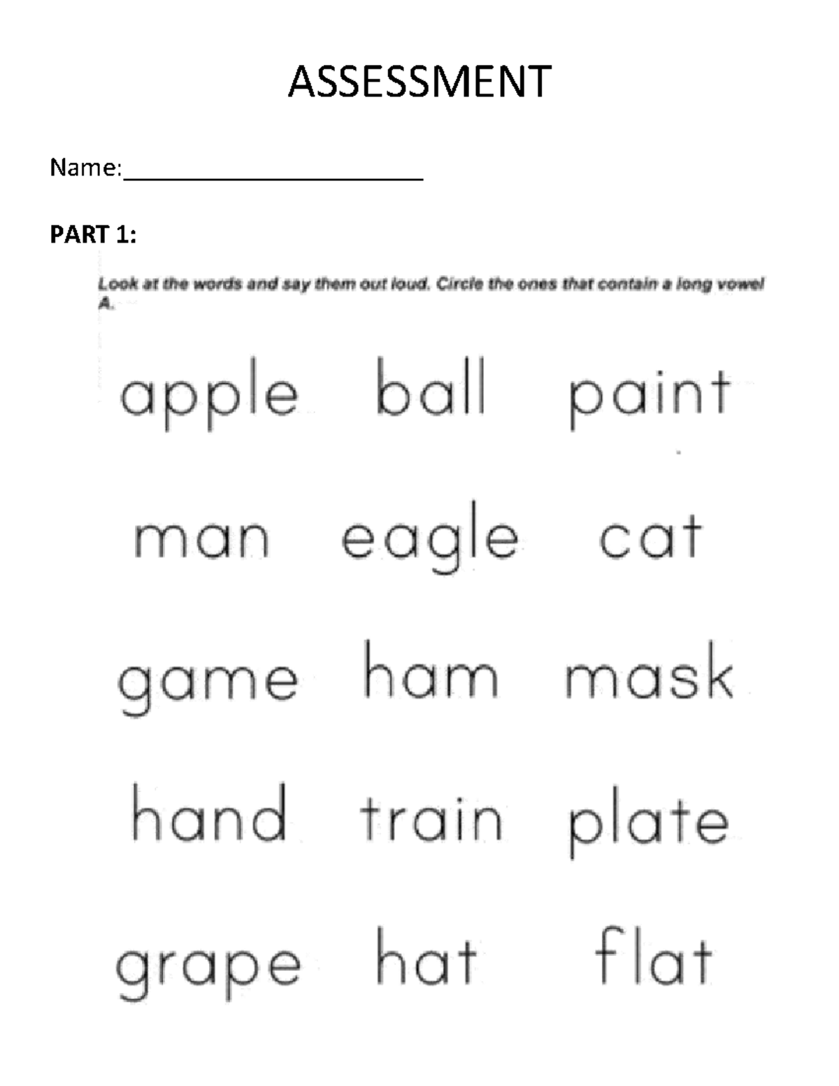 Long Vowel - Practices for grade 1 - ASSESSMENT Name: PART 1: Look at ...