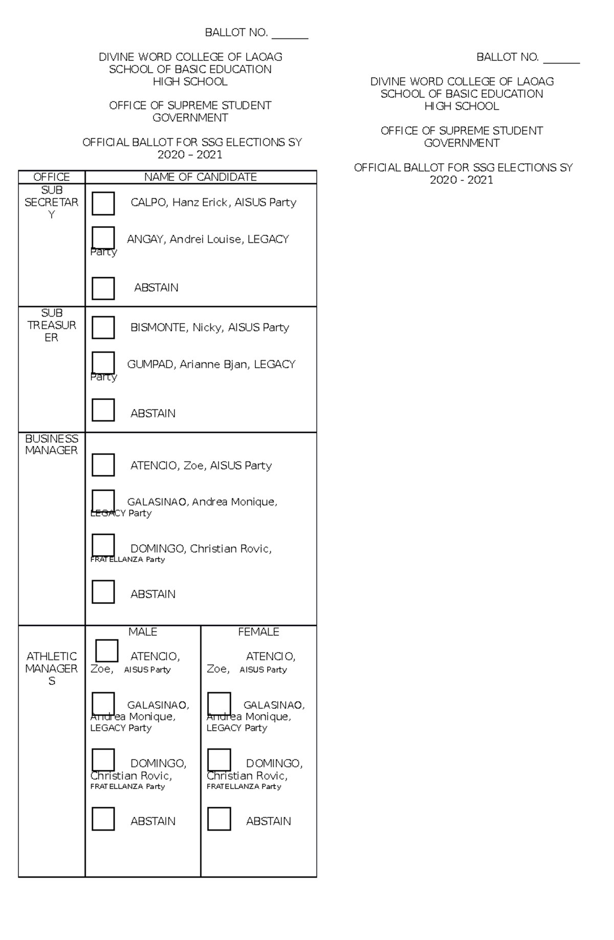 Ballot NO - None - BALLOT NO. _______ DIVINE WORD COLLEGE OF LAOAG ...