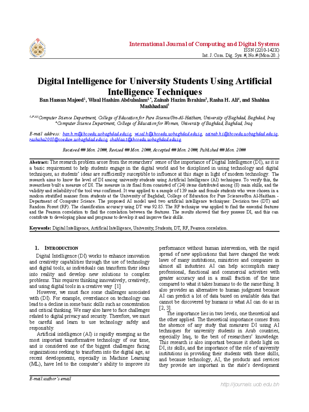 Digital Intelligencefor University Students Using Artificial ...