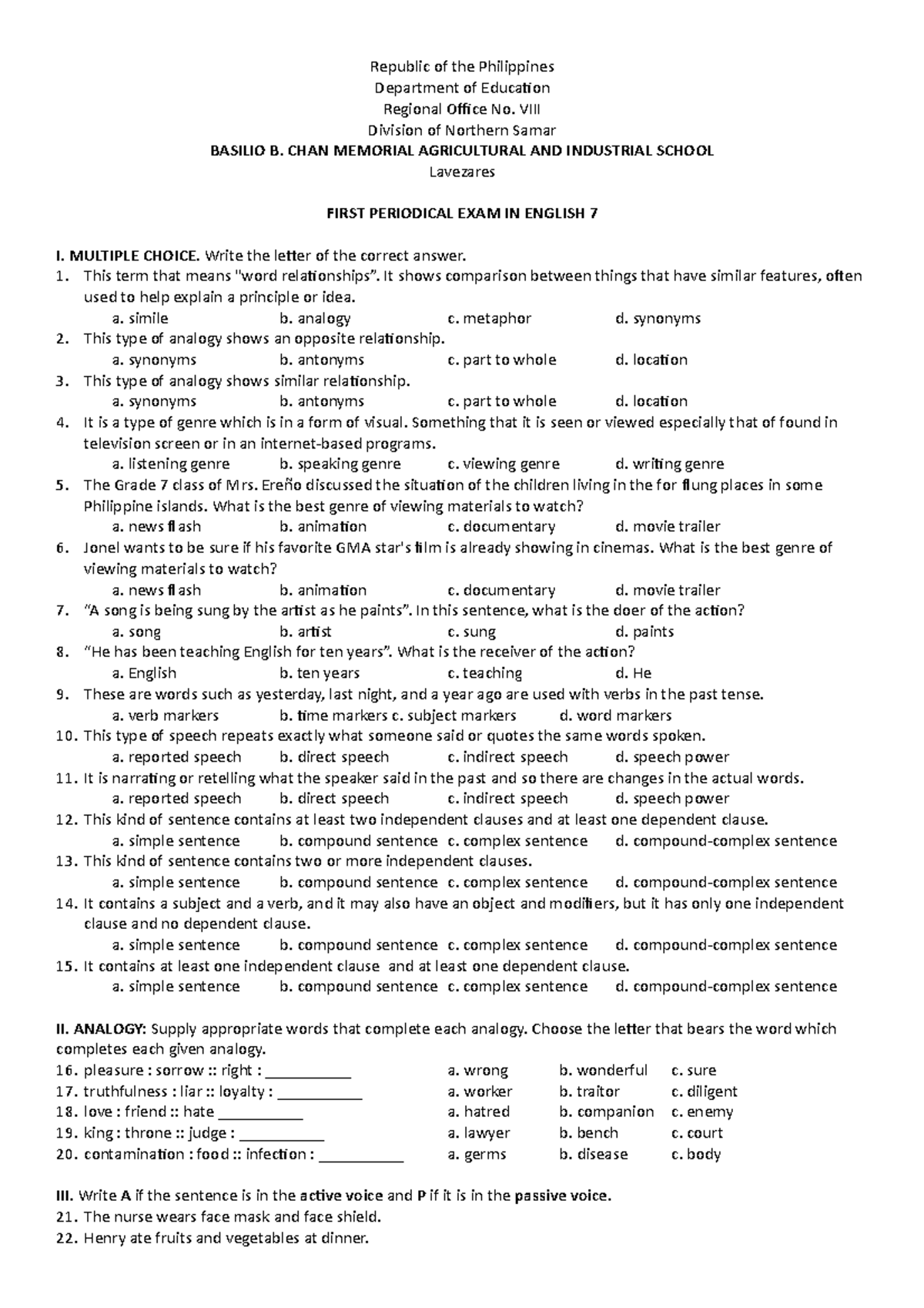 Q1 EXAM - Something to read. - Republic of the Philippines Department ...