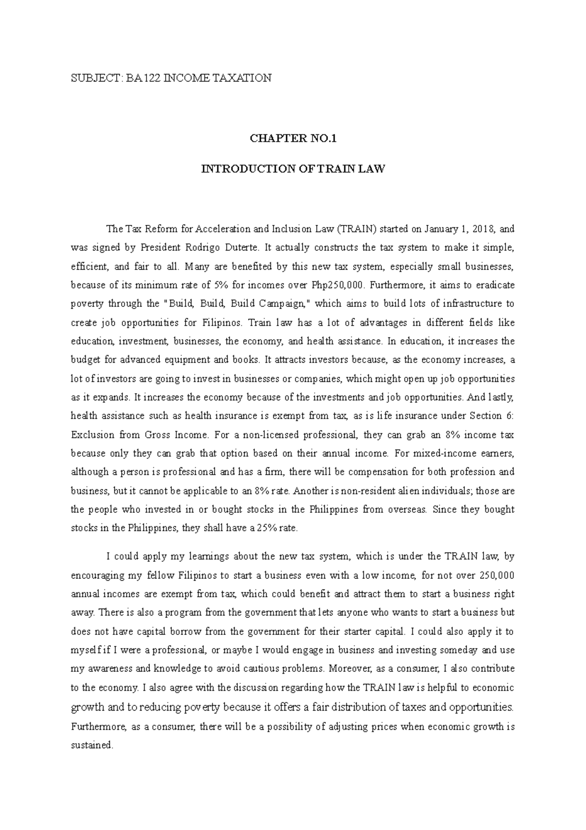 Narrative Report - SUBJECT: BA122 INCOME TAXATION CHAPTER NO ...