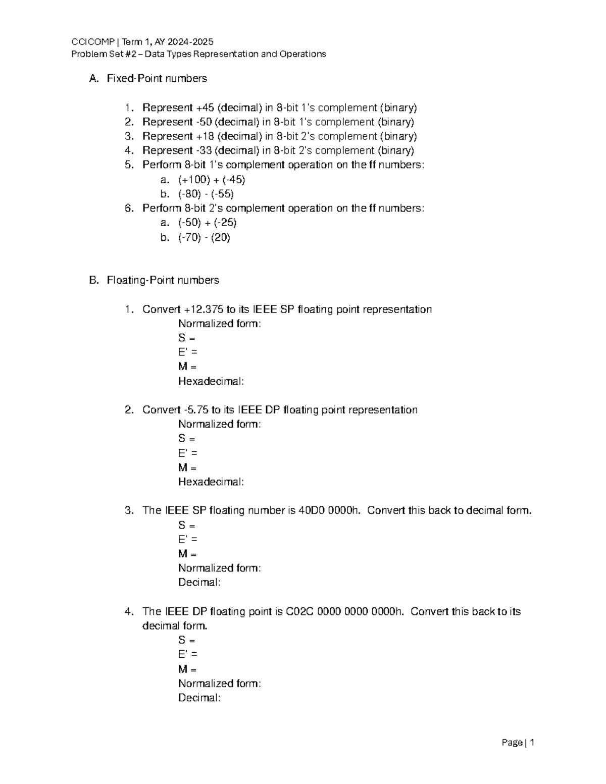 C Cicomp - Problem Set 2 Worksheet - CCICOMP | Term 1, AY 2024- 2025 ...