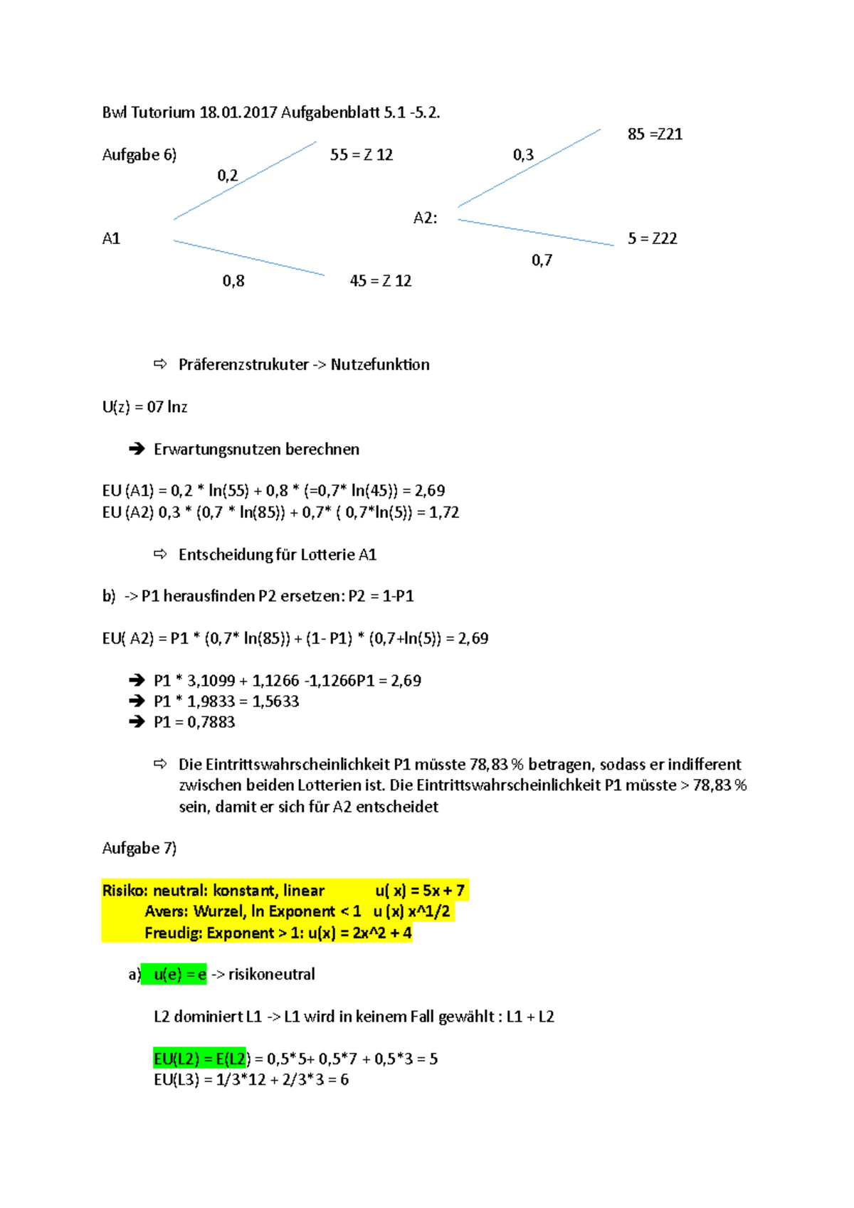 Bwl Tutorium Aufgabenblatt 5 - Bwl Tutorium 18.01 Aufgabenblatt 5 -5. 85 =Z Aufgabe 6) 55 = Z 12 ...