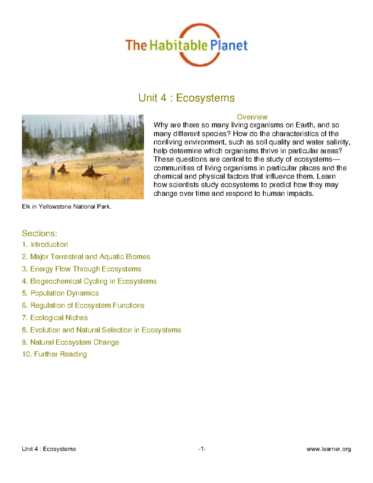 Ecology reading - class notes - Unit 4 : Ecosystems Elk in Yellowstone ...