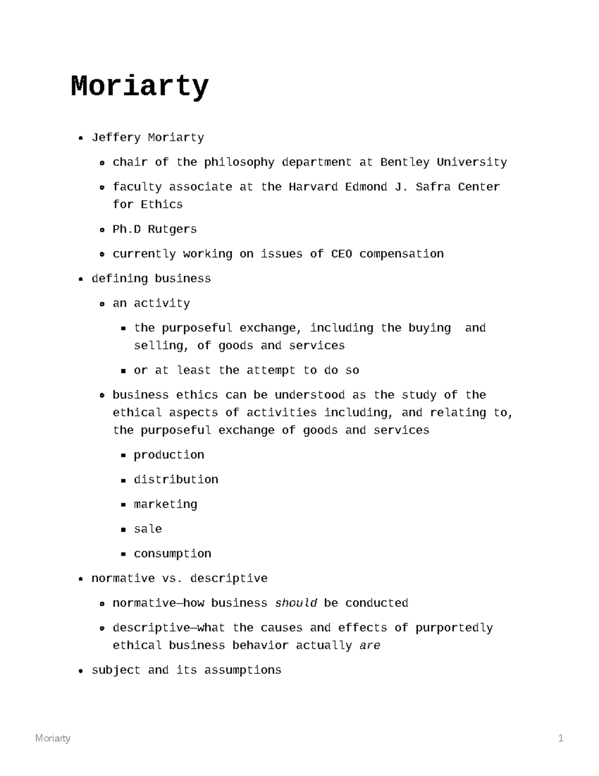 PHIL 1040 Moriarty - PHIL 1040 Business Ethics Jeremy Fried Spring 2023 ...