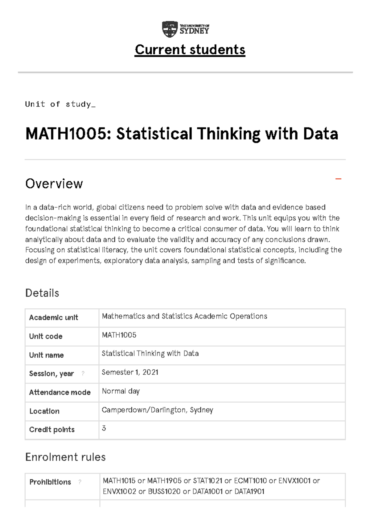 MATH1005 Semester 1, 2021 Outline UOS - Unit of study_ MATH1005: Statistical Thinking with Data ...
