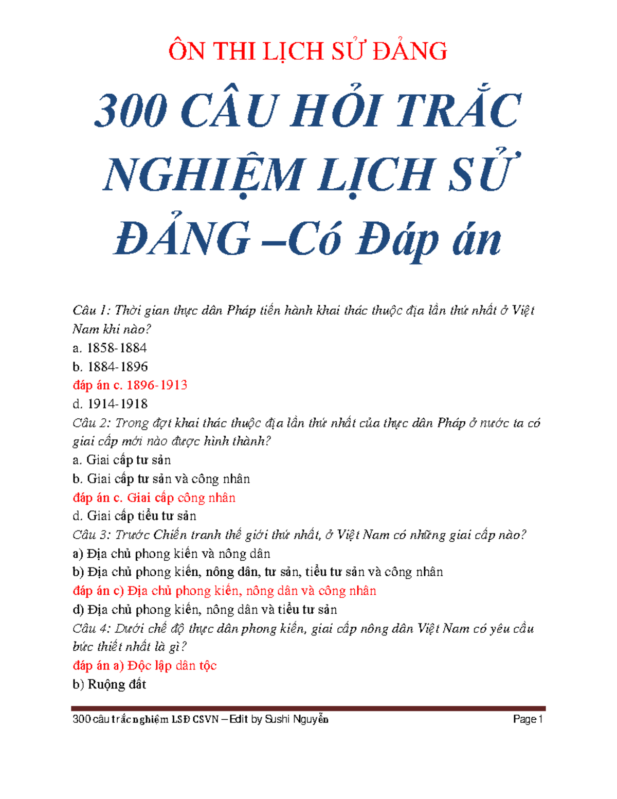 Câu-hỏi-TN - DHNH - 300 CÂU HỎI TRẮC NGHIỆM LỊCH SỬ ĐẢNG –Có Đáp án Câu ...