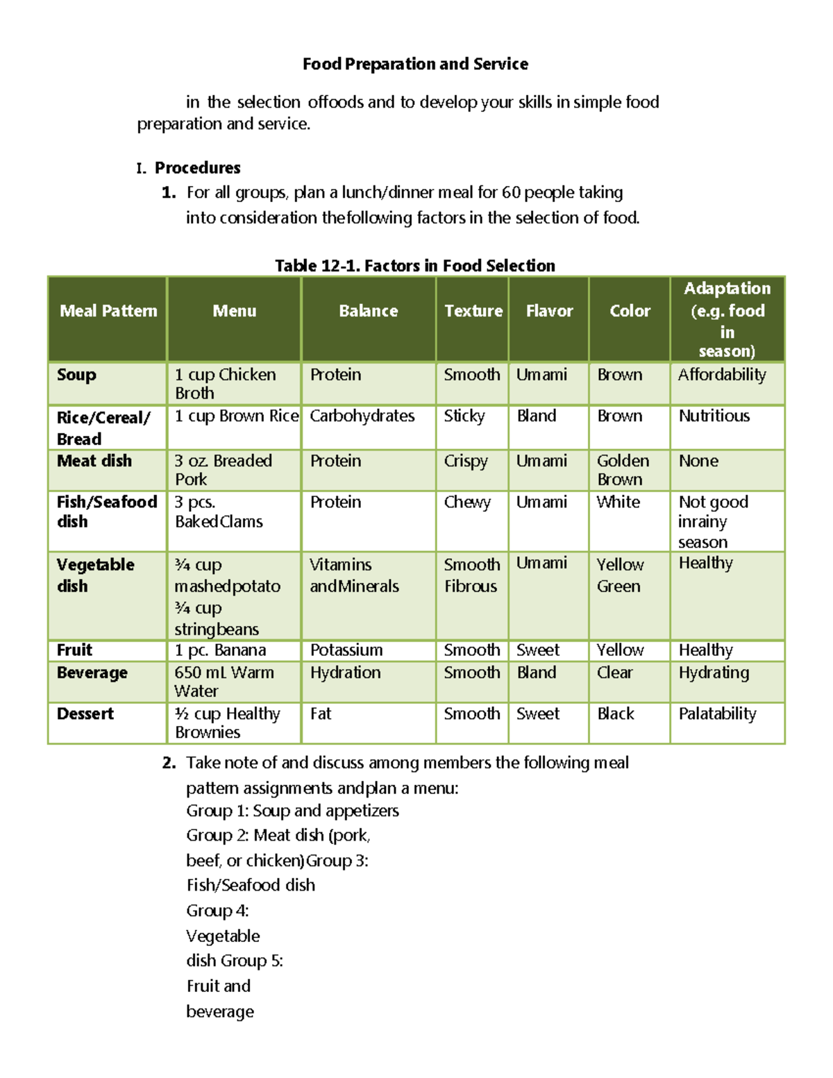 Food Preparation and Service - I. Procedures 1. For all groups, plan a ...