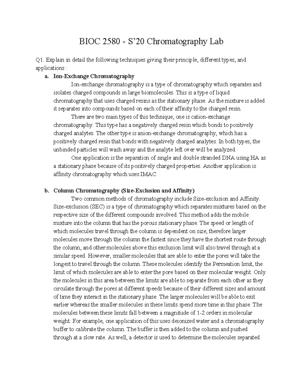 BIOC 2580 - S’20 Chromatography Lab - Explain in detail the following ...