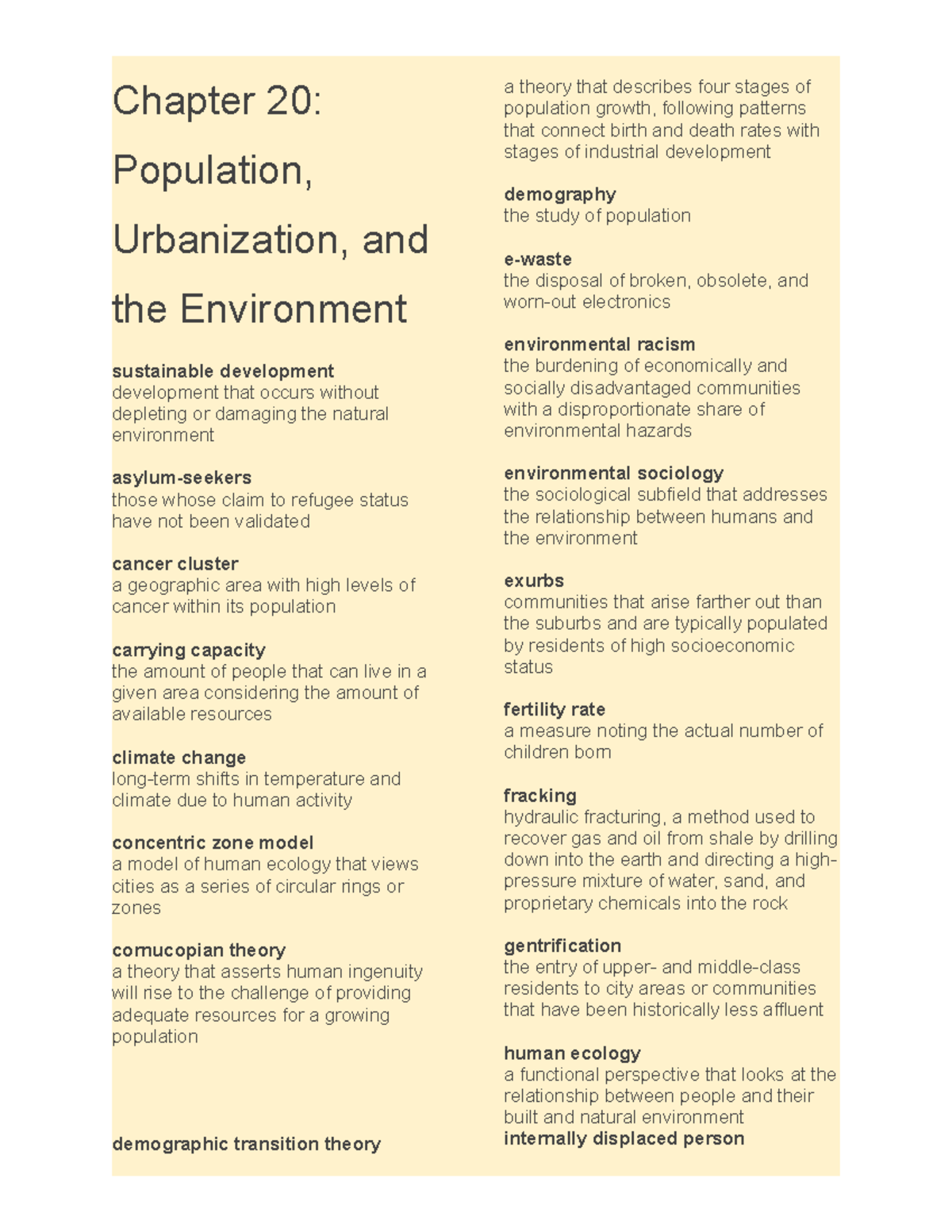Ch 20 Key Terms - Chapter 20: Population, Urbanization, and the ...