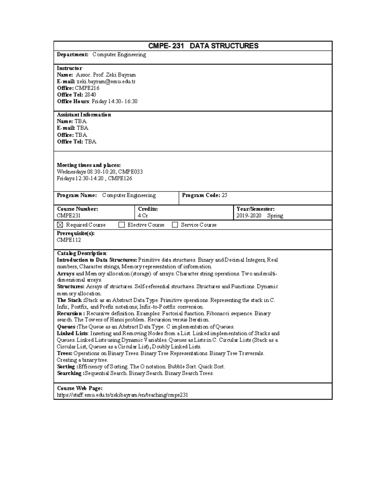 Cmpe231 Course Outline Spring 2020 Cmpe 231 Data Structures Department Computer Engineering