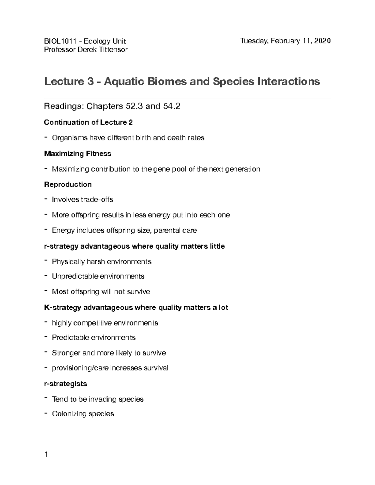 Unit 2 Lecture 3 - Aquatic Biomes and Species Interactions - Professor ...