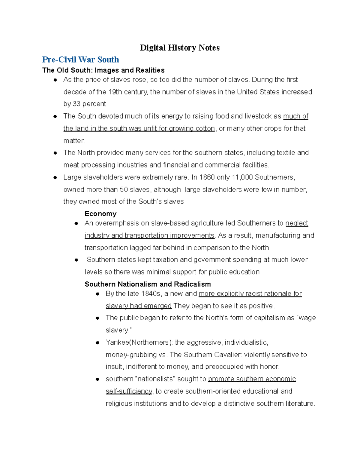 Pre-Civil War South - Week 1 Digital History Notes Class: 17797 ...