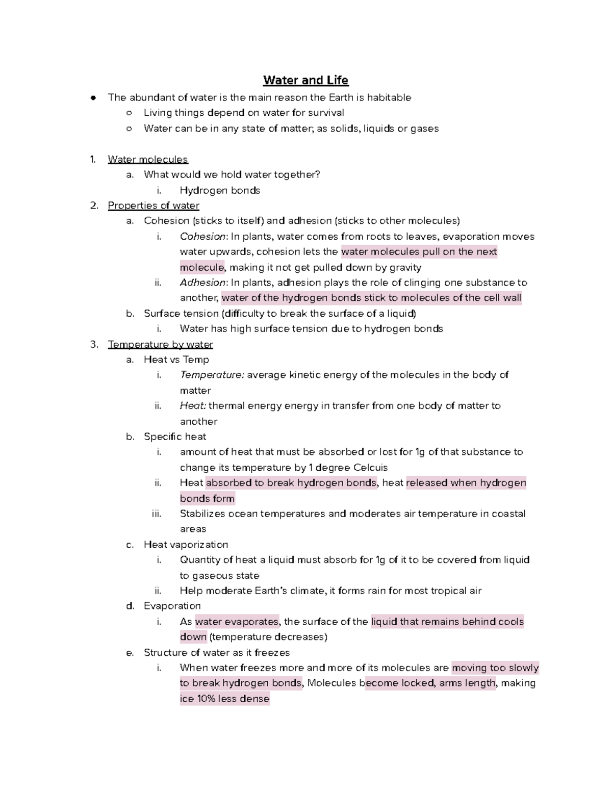 Biology Water and Life - Lecture Notes - Water and Life The abundant of ...
