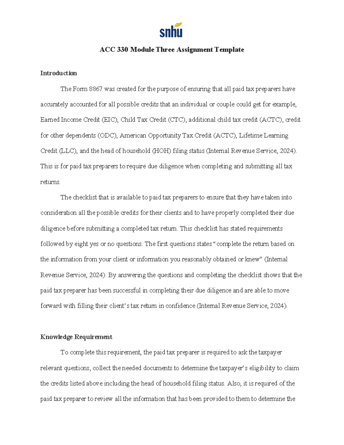 ACC 330 Module Three Assignment - This is for paid tax preparers to ...