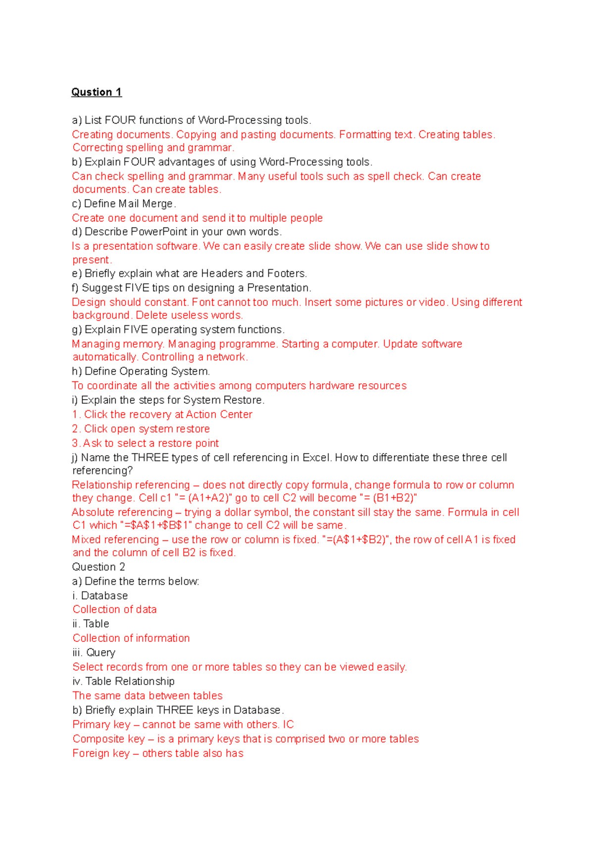 Revision CA exercise with answer - Qustion 1 a) List FOUR functions of ...