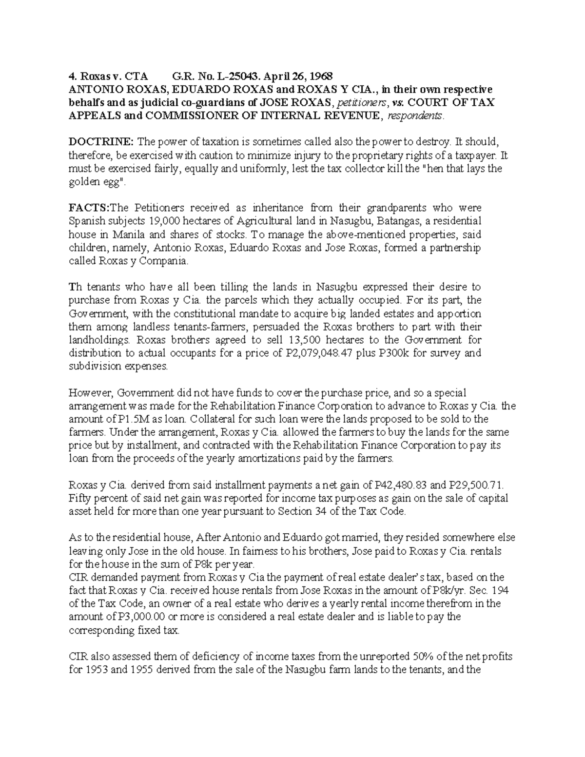 420425620 4 Roxas v CTA - CASE DIGEST - Roxas v. CTA G. No. L-25043 ...