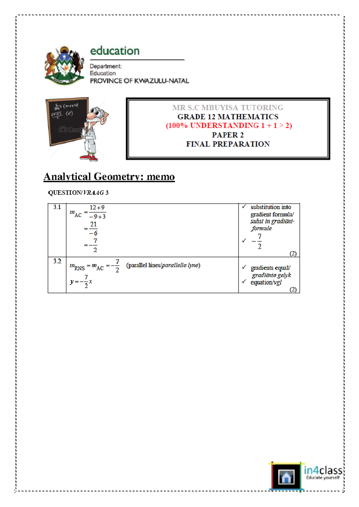 Analytical Geometry grade 11 1 - Analytical Geometry: memo - Studocu
