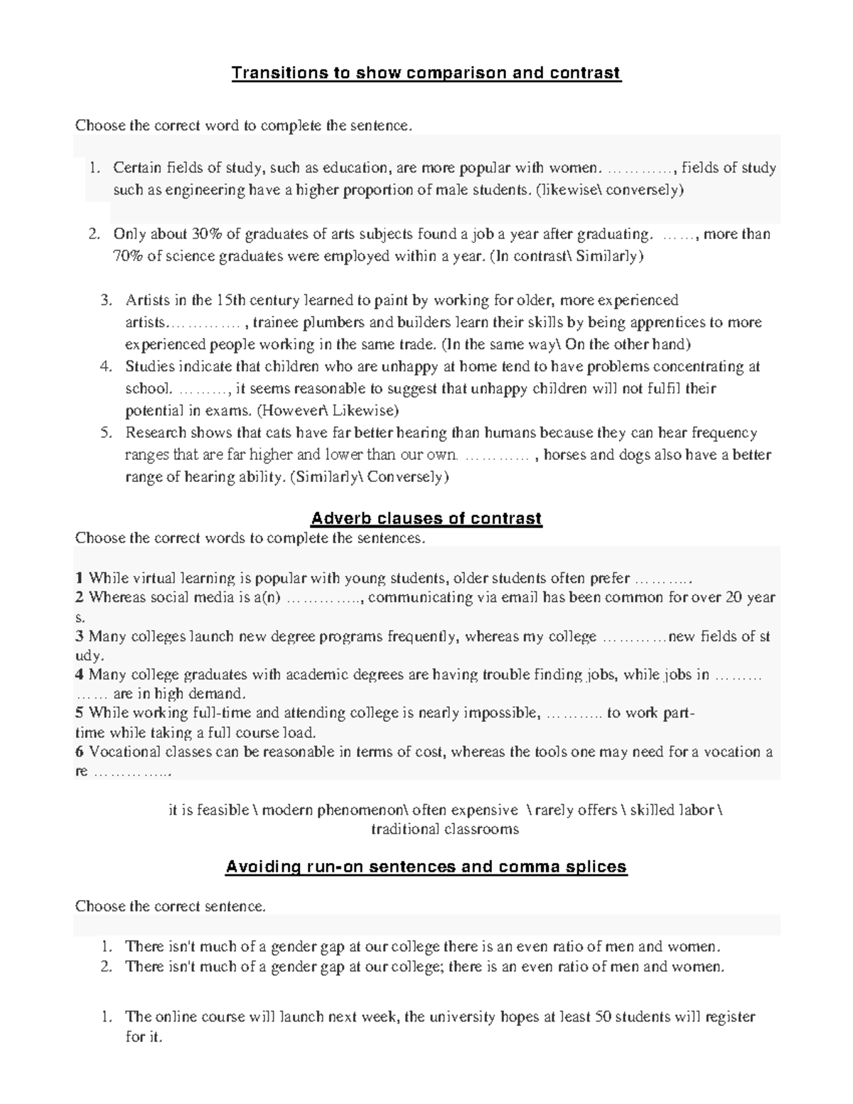 Unit 2 Transitions to show comparison and contrast - Transitions to ...