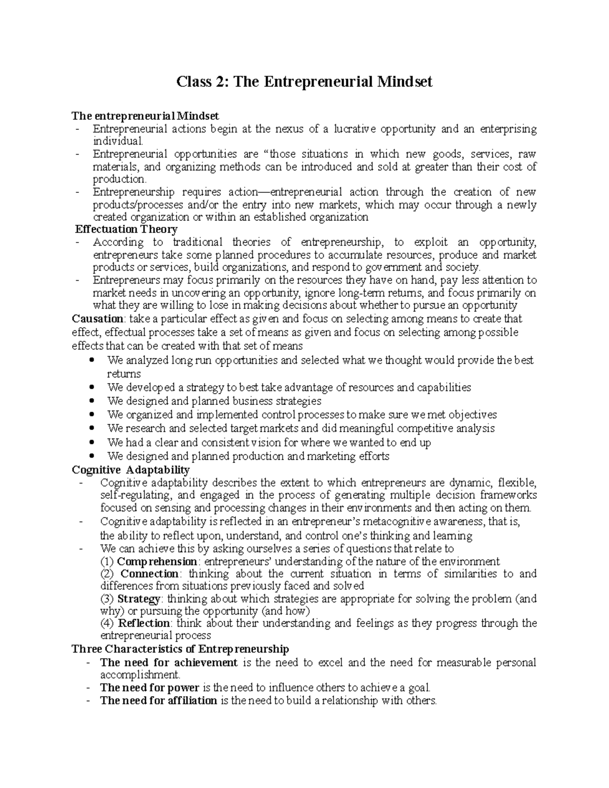 MID-TERM NOTE: COMM 320 - Class 2: The Entrepreneurial Mindset The ...