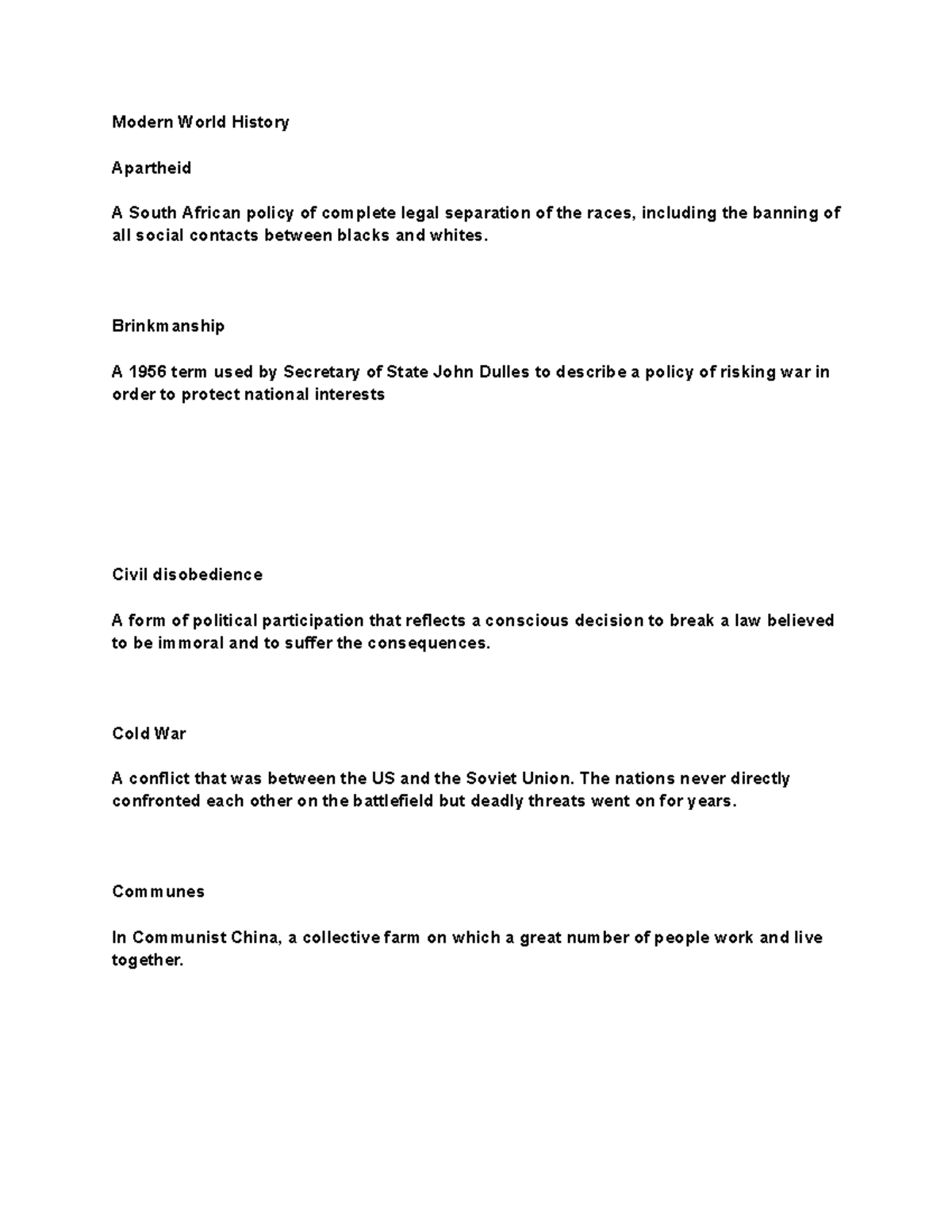 Modern World History I - notes - Modern World History Apartheid A South ...