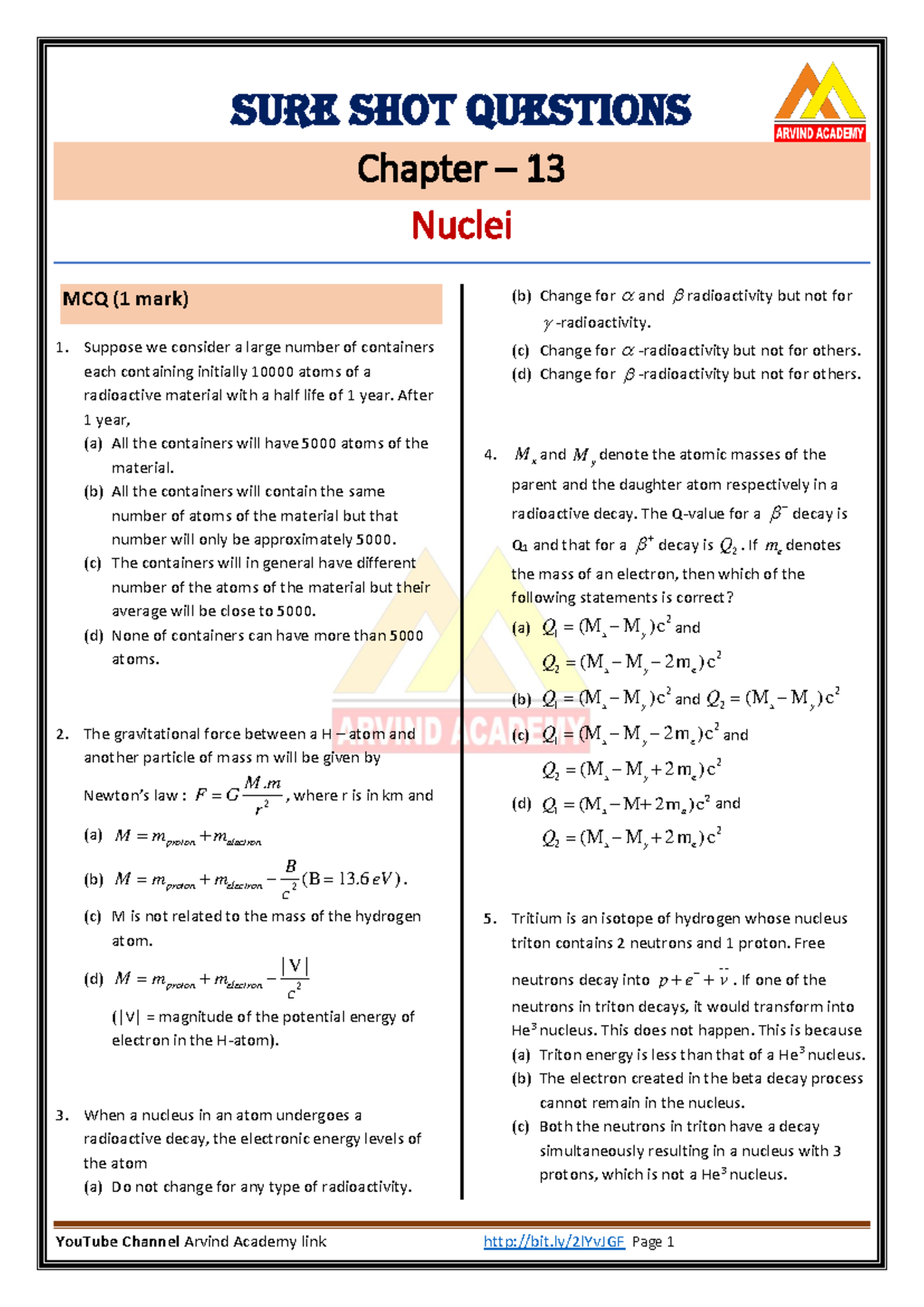 Question Chap 13-Nuclei - Sure Shot Questions Chapter – 13 Nuclei MCQ (1 mark) Suppose we ...