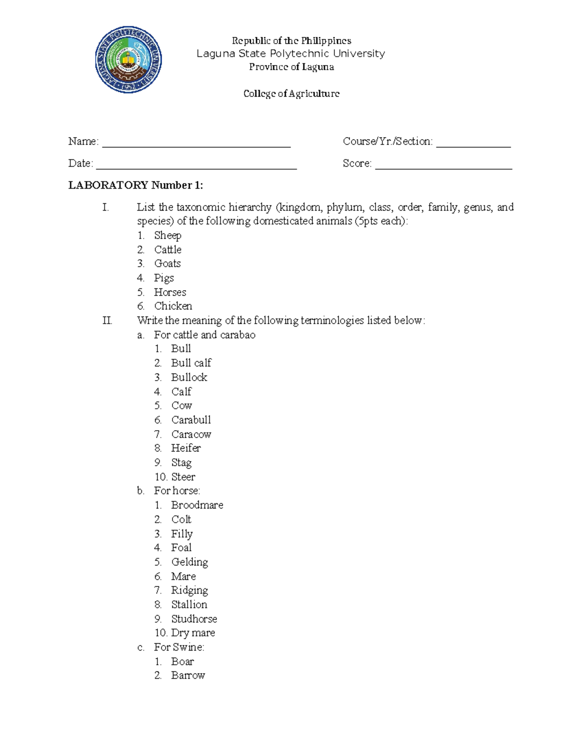 Ansci 1 - Activity - Republic of the Philippines Laguna State ...