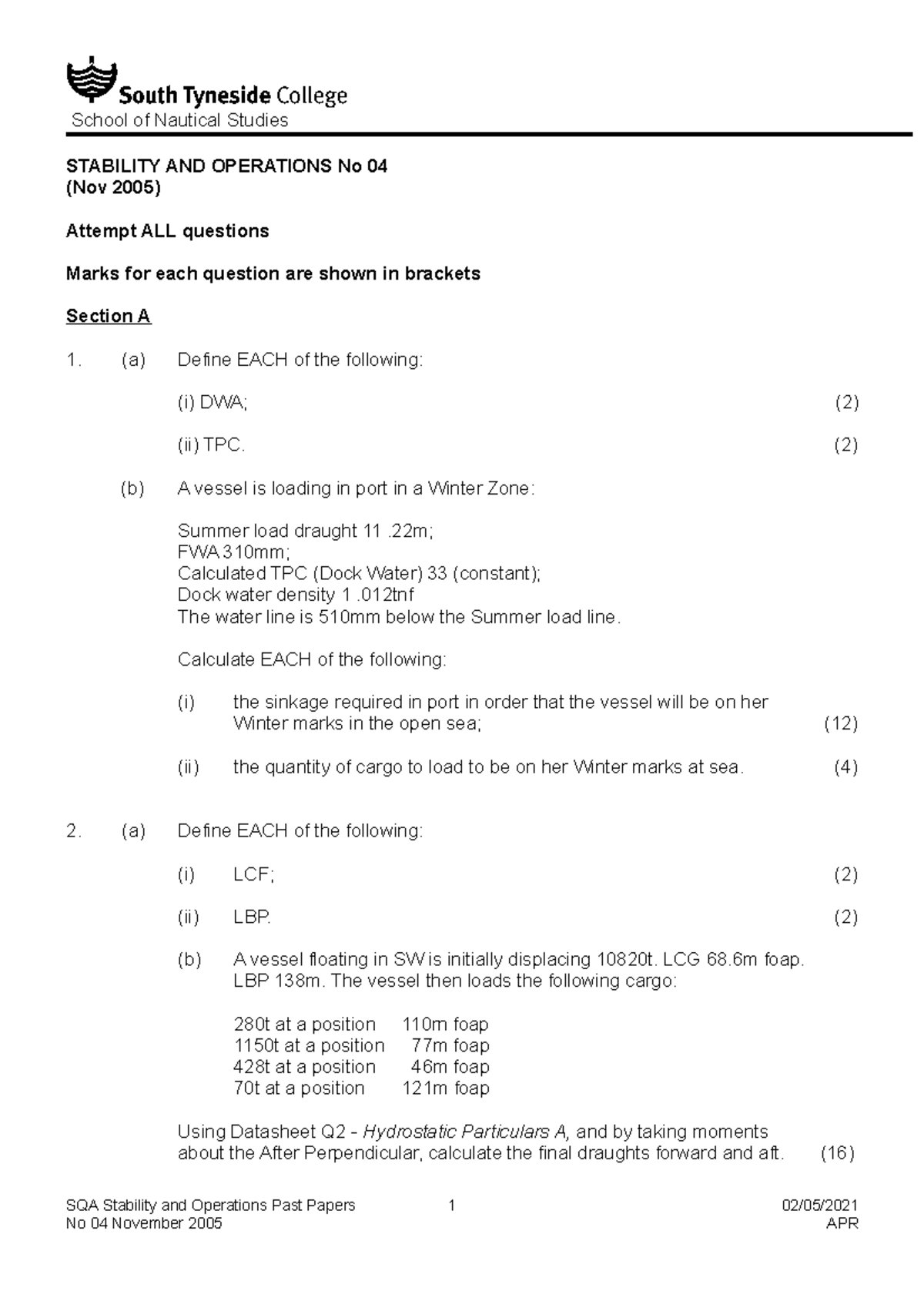 Exam 4 November 2018, questions - School of Nautical Studies STABILITY ...