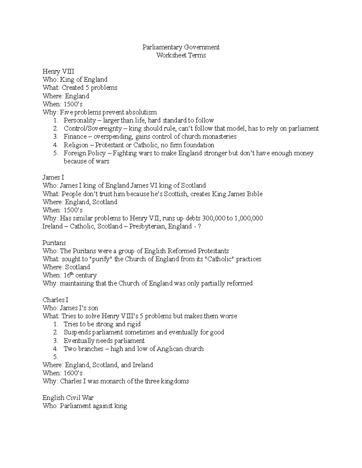 Parliamentary Government Worksheet Terms - Parliamentary Government ...