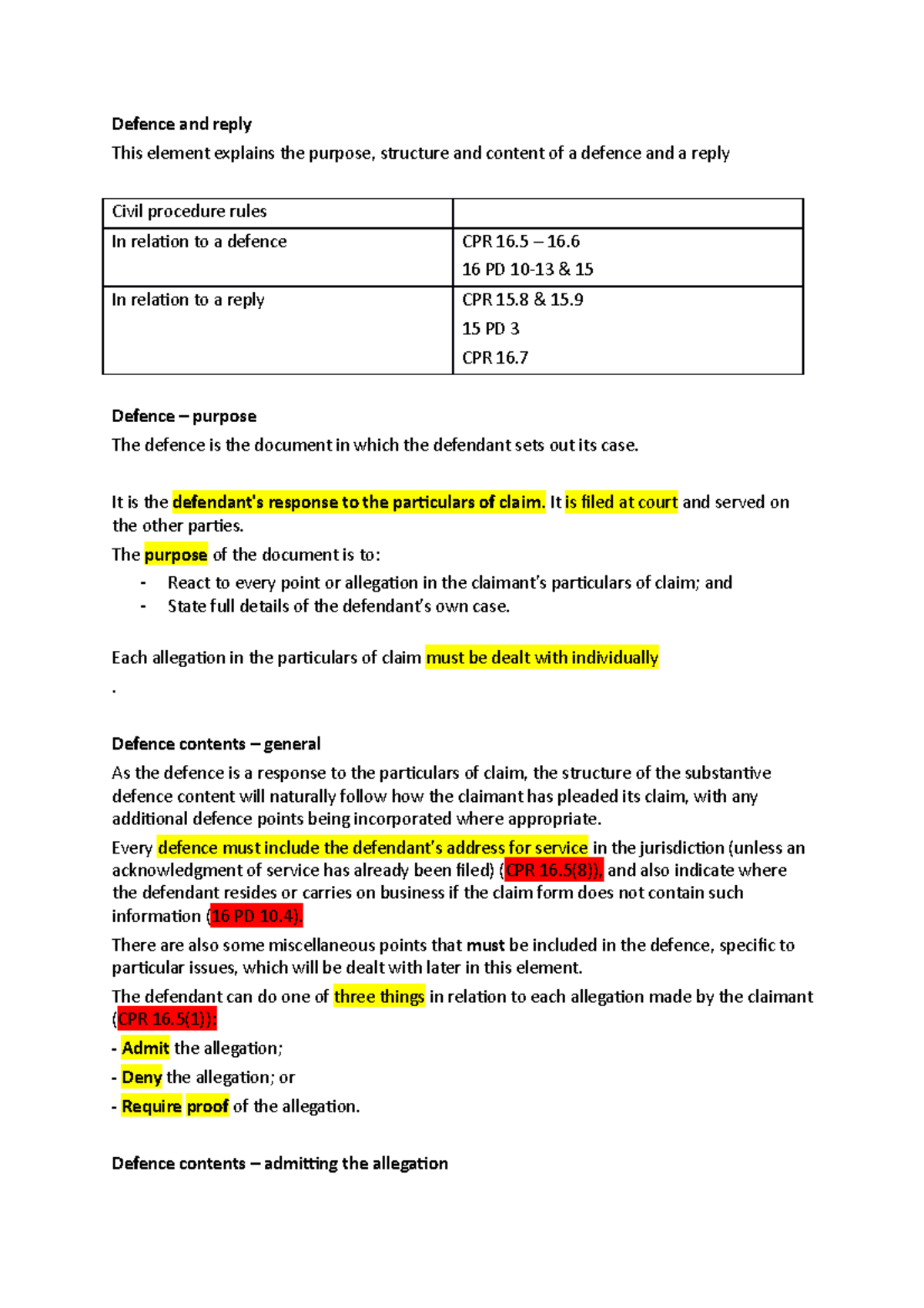 Defence and reply - Defence and reply This element explains the purpose ...
