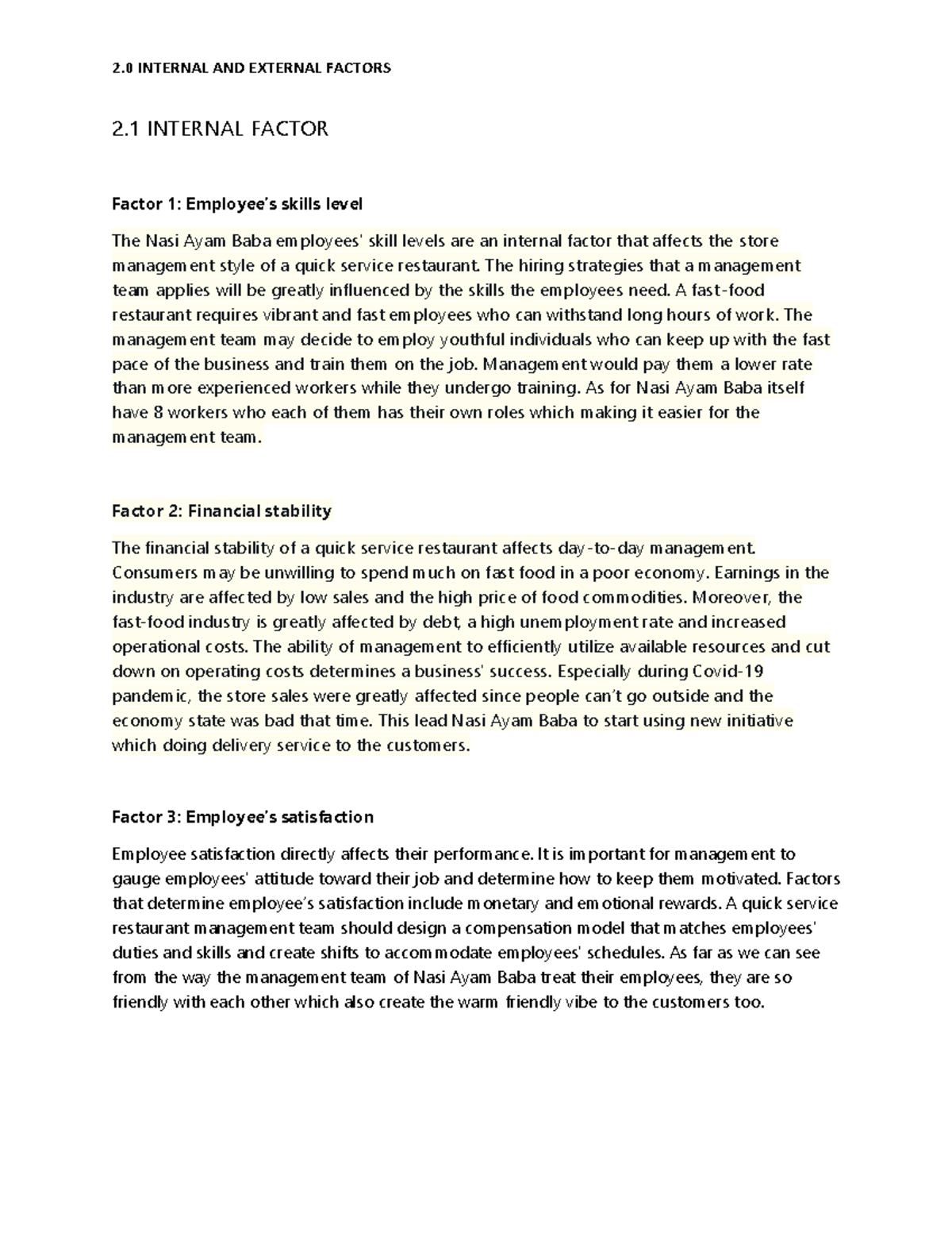 2 - ASSIGMENT FOR HTM130 - 2 INTERNAL AND EXTERNAL FACTORS 2 INTERNAL ...